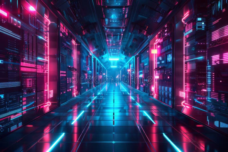 Futuristic Data Center with Neon Lighting Stock Illustration ...