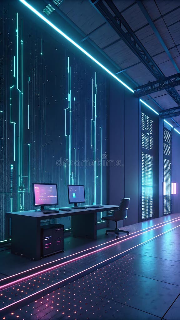 Futuristic Data Center with Neon Lighting, Servers, and Computer ...