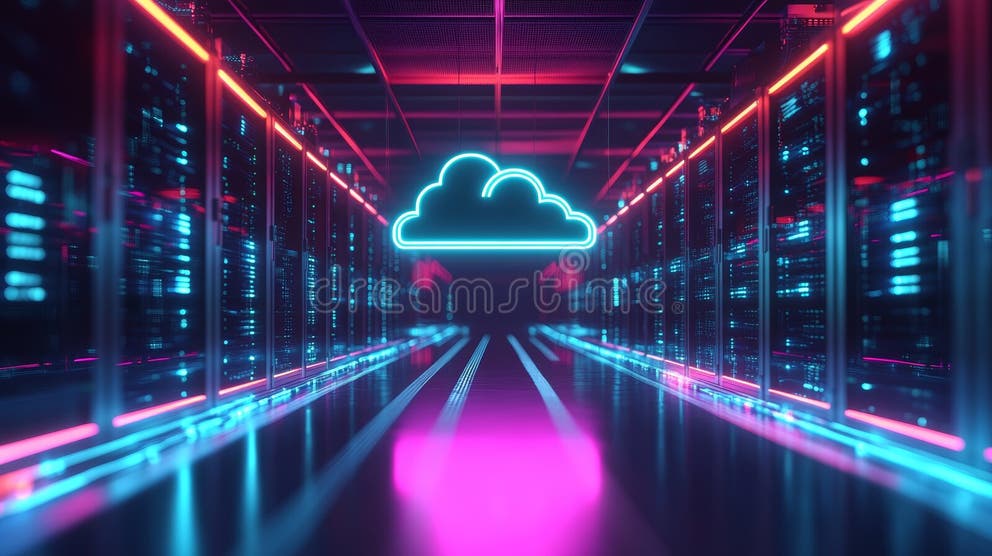 Futuristic Data Center with Neon Lights and Cloud Icon, Representing ...