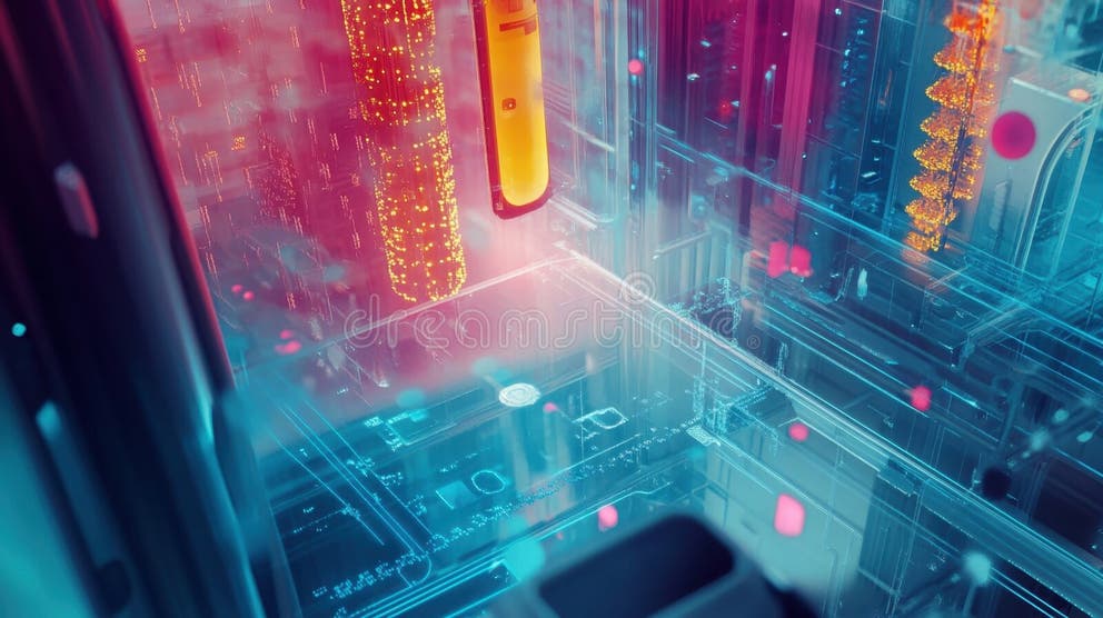 Futuristic Data Center with Neon Lights and Digital Interfaces Stock ...