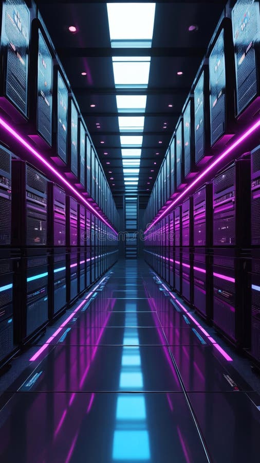 Futuristic Data Center with Neon Lights and Endless Servers Stock ...