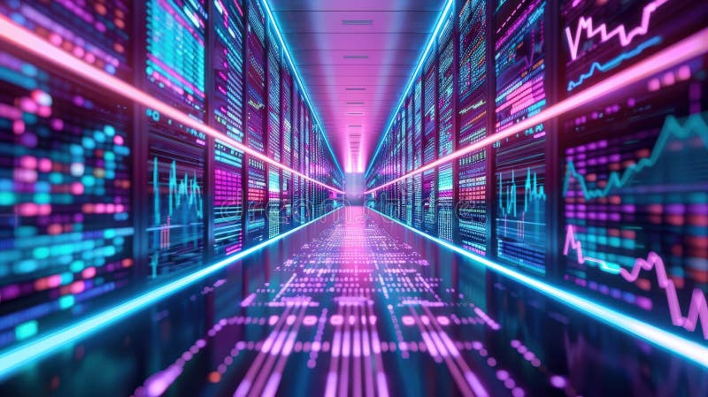 A Futuristic Data Center Corridor with Neon Lights and Digital Data ...