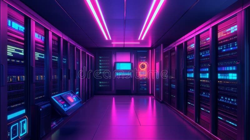 Futuristic Data Center with Neon Lights and Server Racks, Ideal for ...
