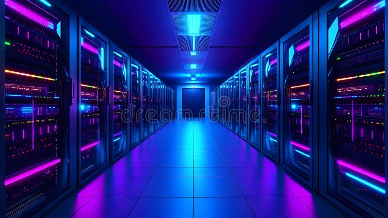 Futuristic Data Center with Neon Lights and Server Racks in a ...