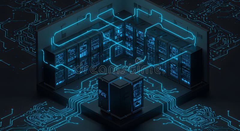 Futuristic Data Center Network with Glowing Blue Lines and Circuit ...