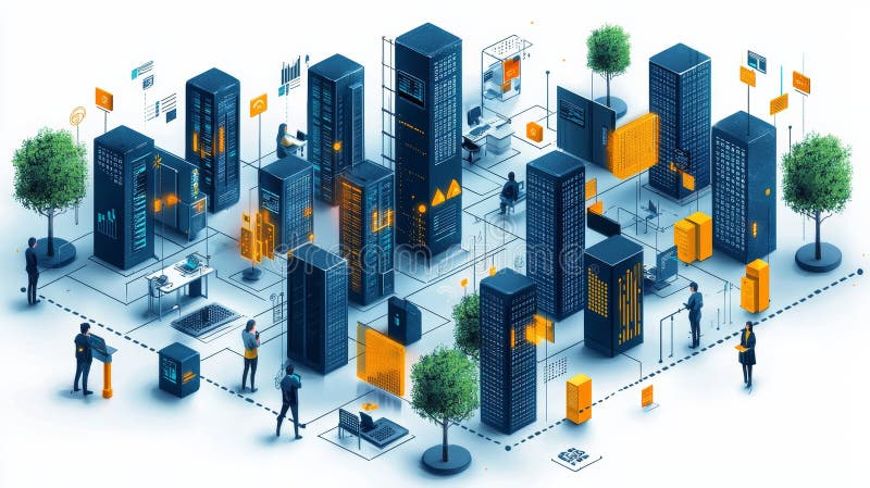 Futuristic Data Center with People Working in a Modern Networked ...
