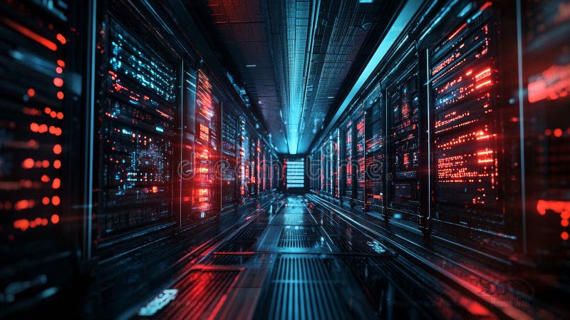 Futuristic Data Center with Red and Blue Glowing Lights Stock Image ...