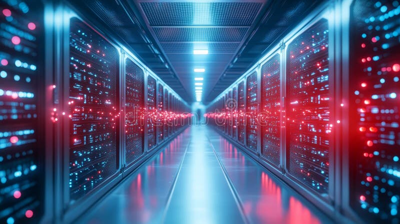 Futuristic Data Center with Red and Blue Lights Stock Illustration ...