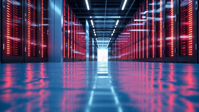 Futuristic Data Center with Red Lights and Blue Floor Stock Photo ...