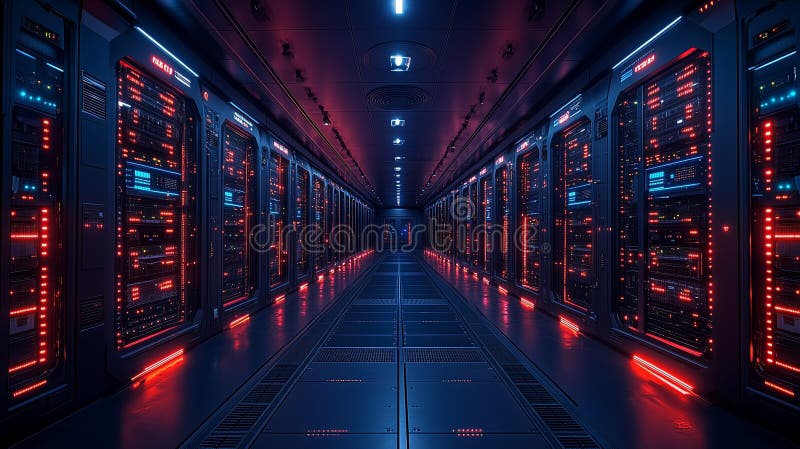 A Futuristic Data Center Room with Rows of Glowing Panels and Advanced ...