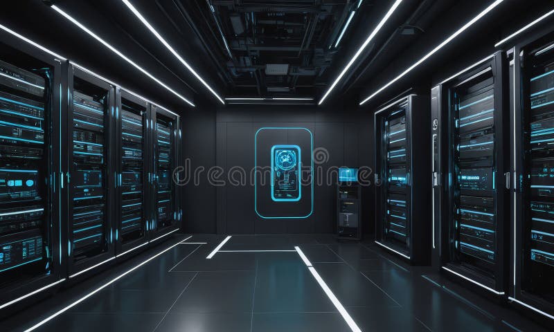 Futuristic Data Center with Rows Black Servers, Illuminated by Blue ...