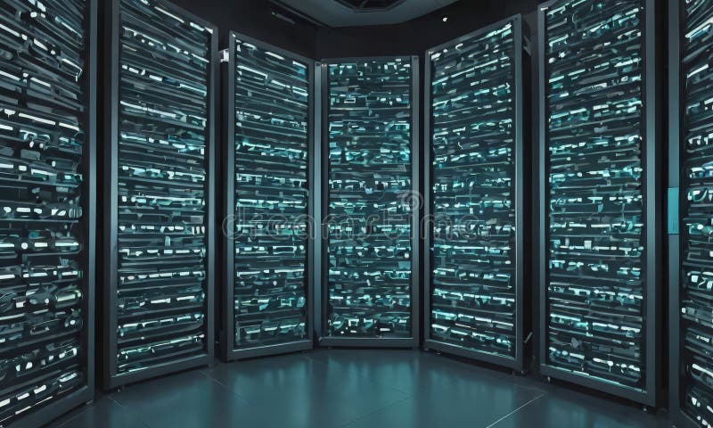Futuristic Data Center with Rows Dark Blue Computer Servers ...