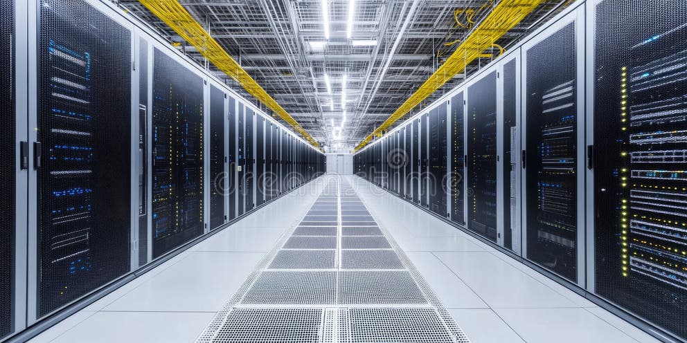 Futuristic Data Center with Rows of Illuminated Servers and a Blue-Lit ...