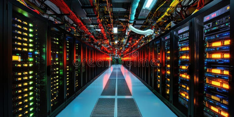 Futuristic Data Center with Rows of Illuminated Servers and a Blue-Lit ...