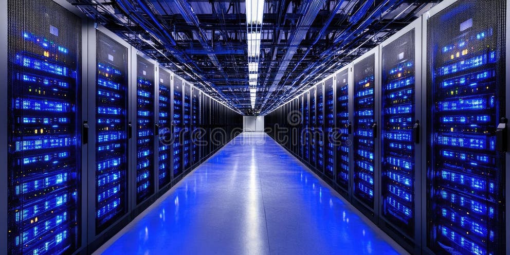 Futuristic Data Center with Rows of Illuminated Servers and a Blue-Lit ...