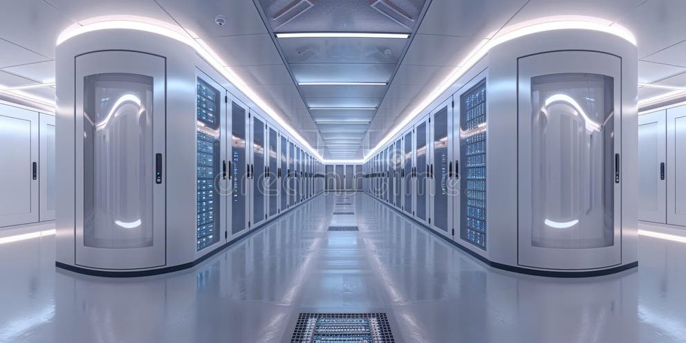 Futuristic Data Center with Rows of Server Racks Containing Multiple Server Blades. Generated ...