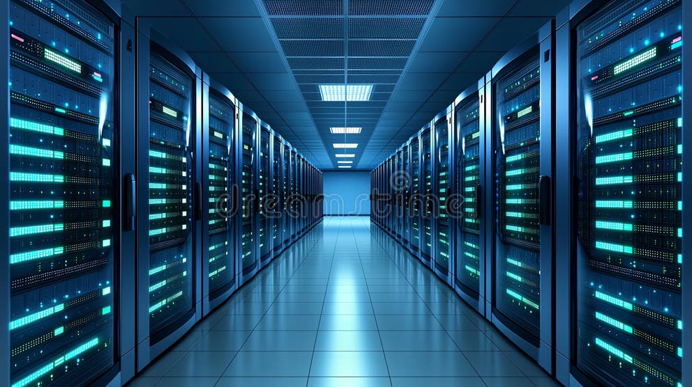 A Futuristic Data Center with Rows of Server Racks Illuminated by Blue LED Lights, Creating a ...