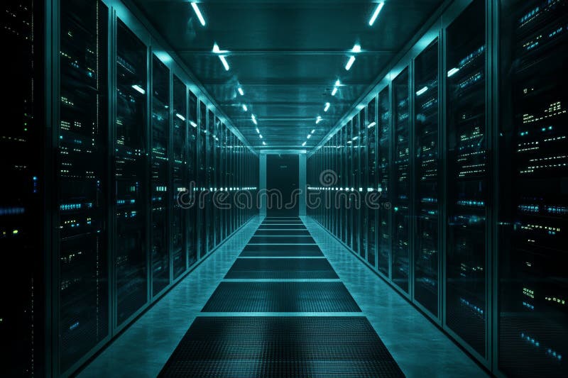 Futuristic Data Center with Rows of Server Racks Illuminated by Neon Lights Stock Illustration ...