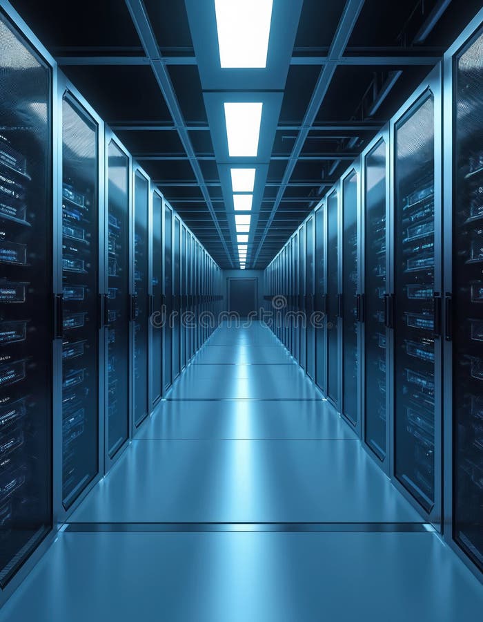 Futuristic Data Center with Rows of Server Racks. Modern Tech Storage, Computing, Network ...