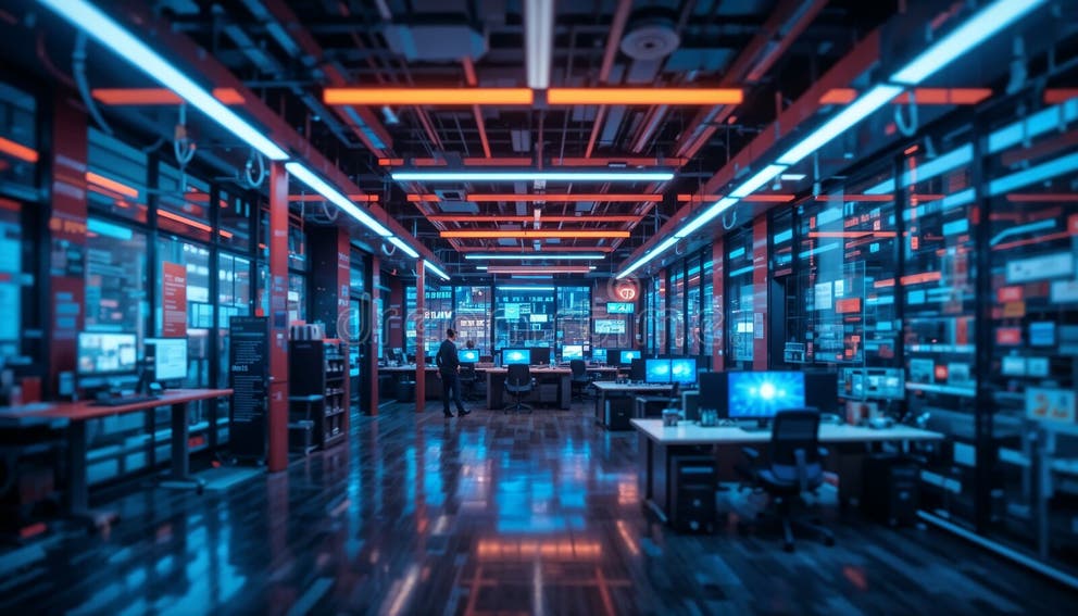 Futuristic Data Center with Rows of Servers and Glowing Blue Lights ...