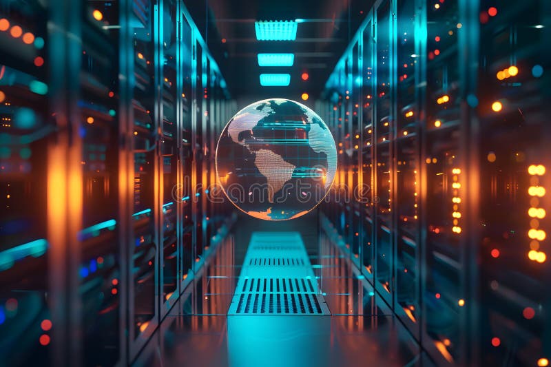 High-Tech Data Center with Glowing 3D Globe Stock Illustration ...