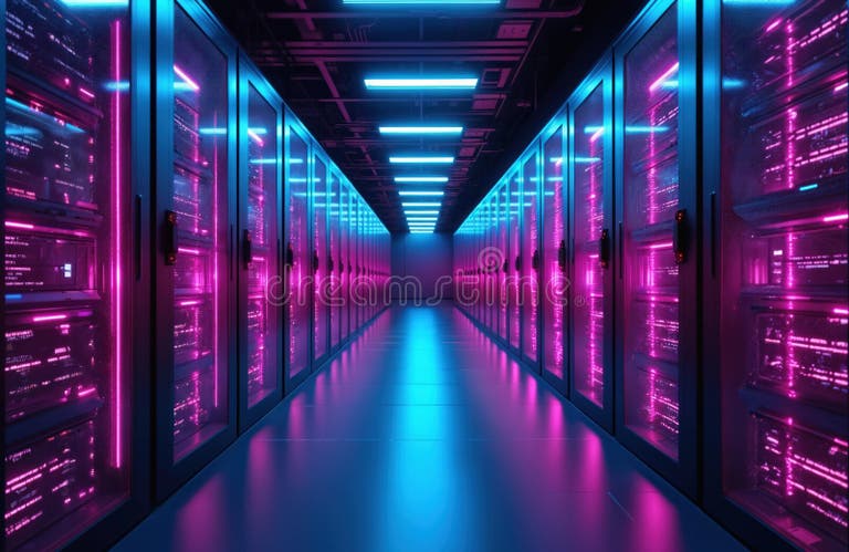 Futuristic Data Center with Rows of Servers in Neon Blue, Purple Lights. Cybersecurity Concept ...