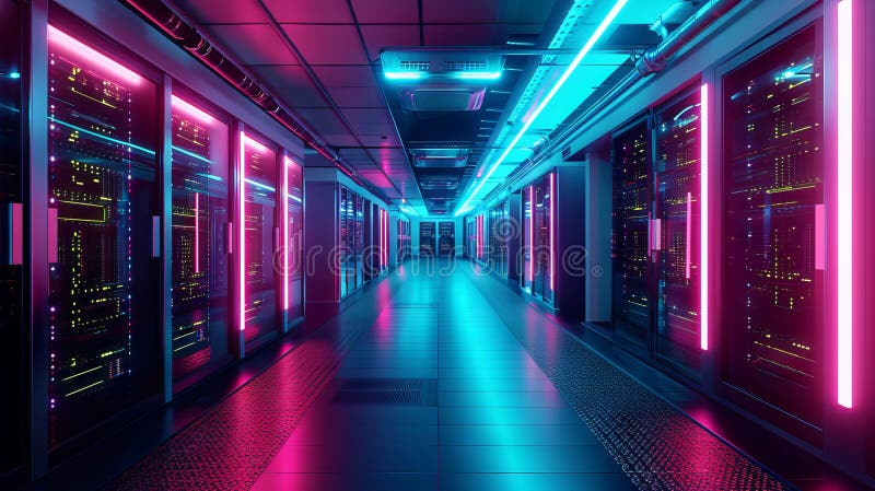 Futuristic Data Center with Rows of Servers and Vibrant Neon Pink and ...