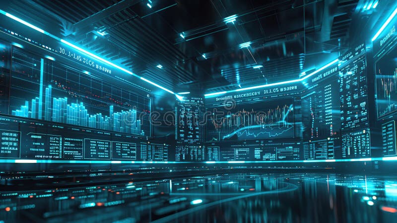 Futuristic Data Center with Screens Displaying Financial Charts and ...