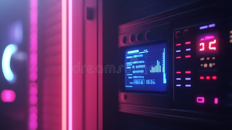 A Futuristic Data Center Server Rack with Neon Lighting and Graphical ...