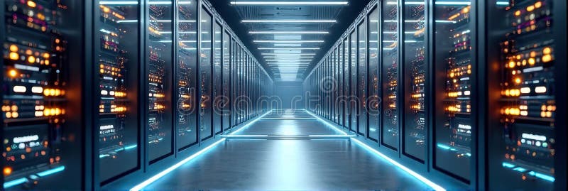 Futuristic Data Center with Server Racks and Blue Led Lighting Stock ...