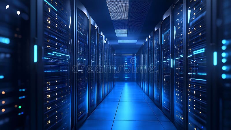 Futuristic Data Center with Server Racks and Blue Lighting - 3D Digital ...