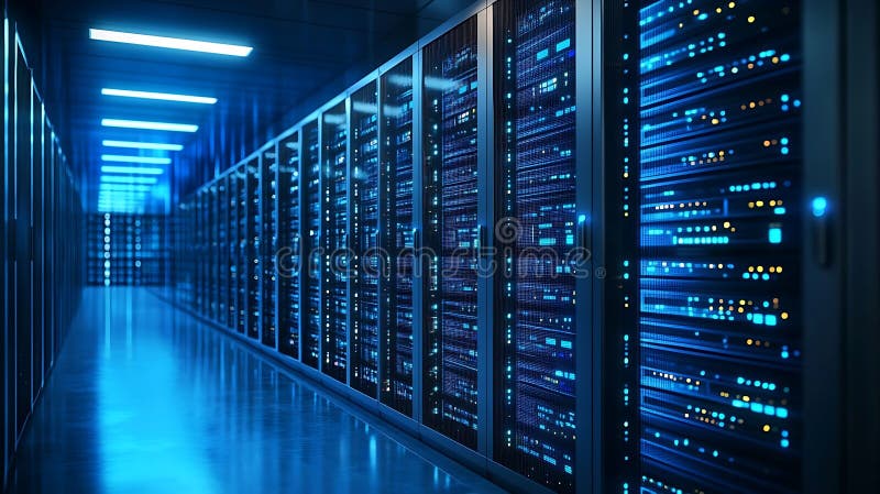 Futuristic Data Center with Server Racks and Blue Lighting - 3D Digital ...