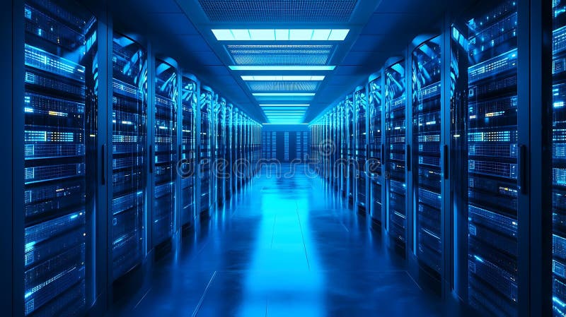 Futuristic Data Center with Server Racks and Blue Lighting - 3D Digital ...