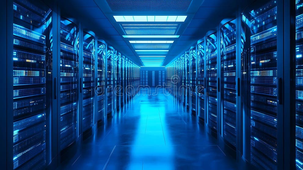 Futuristic Data Center with Server Racks and Blue Lighting - 3D Digital ...
