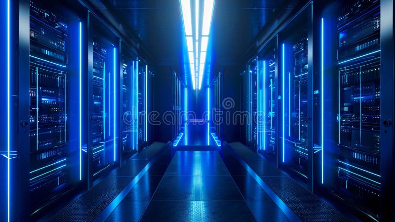 Futuristic Data Center with Server Racks and Blue Neon Lights Stock ...