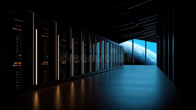 Futuristic Data Center with Server Racks and Earth View from Space ...