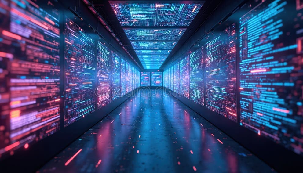 Futuristic Data Center with Server Racks, Glowing Blue, Red Lights. Cyber Security, Data ...