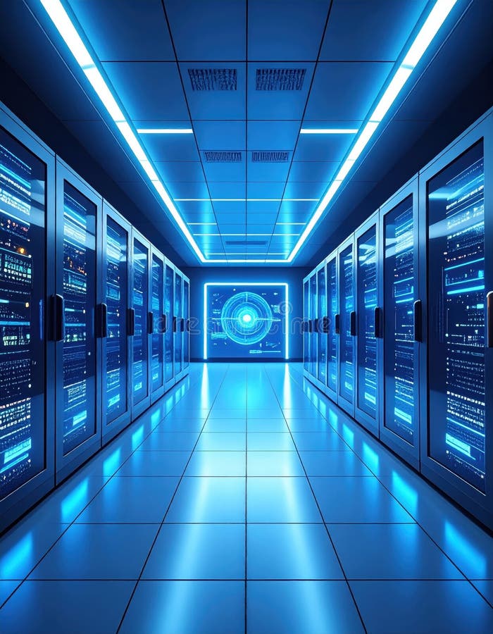 Futuristic Data Center with Server Racks Illuminated by Blue LED ...