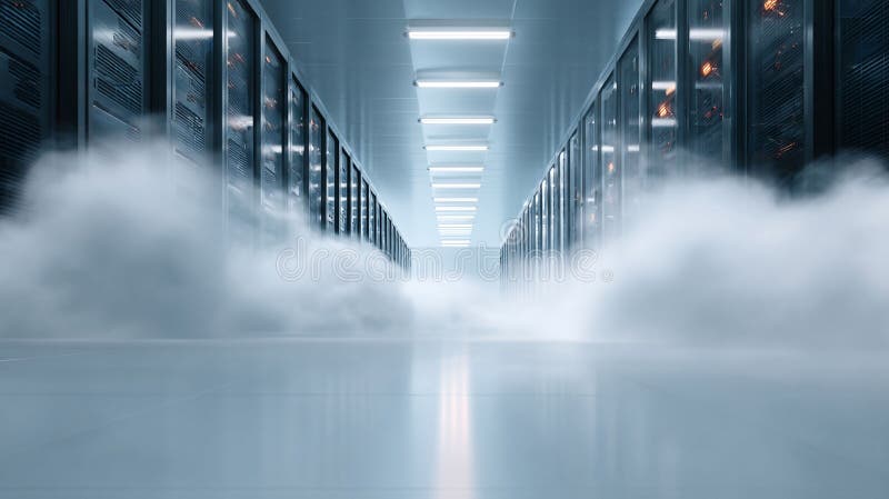 Futuristic Data Center with Server Racks Shrouded in Mist. Metaphor for ...