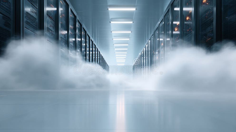 Futuristic Data Center with Server Racks Shrouded in Mist. Metaphor for ...
