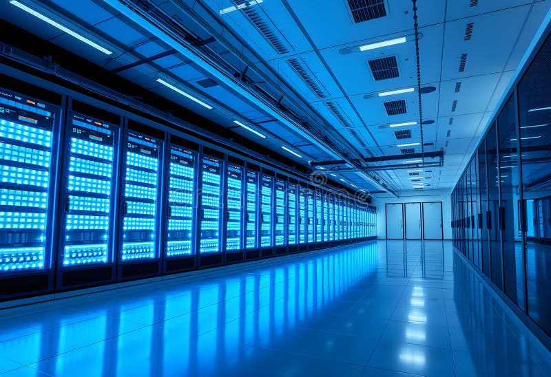 Futuristic Data Center Server Room with Blue Lighting Stock ...