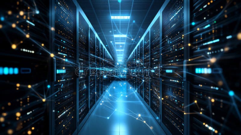 Futuristic Data Center Server Room with Blue Lights Stock Image - Image of lights, network ...