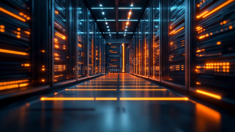 Futuristic Data Center Server Room with Glowing Neon Lights Stock Illustration - Illustration of ...