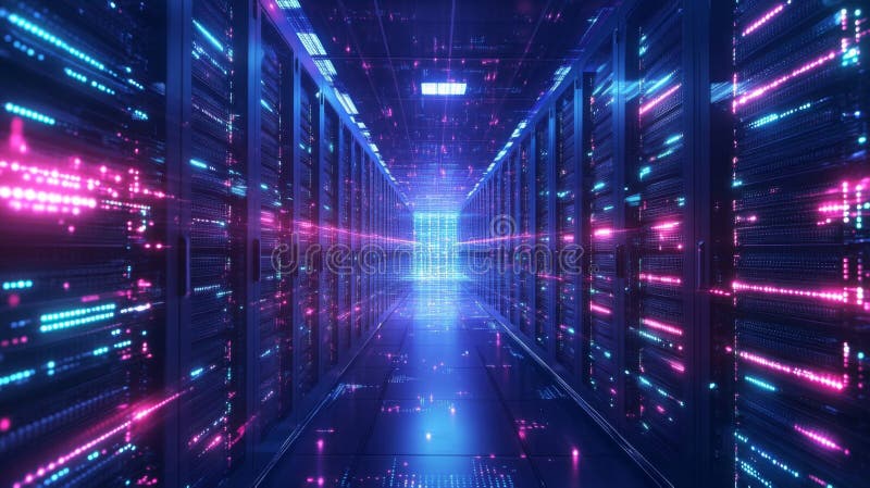 Futuristic Data Center Server Room with Neon Lights Stock Illustration ...