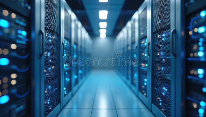 Futuristic Data Center Server Room with Blue Lights Stock Image - Image ...