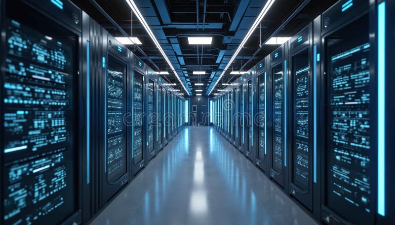 Futuristic Data Center Server Room with Rows of Technology Pods. Advanced Computer Servers ...