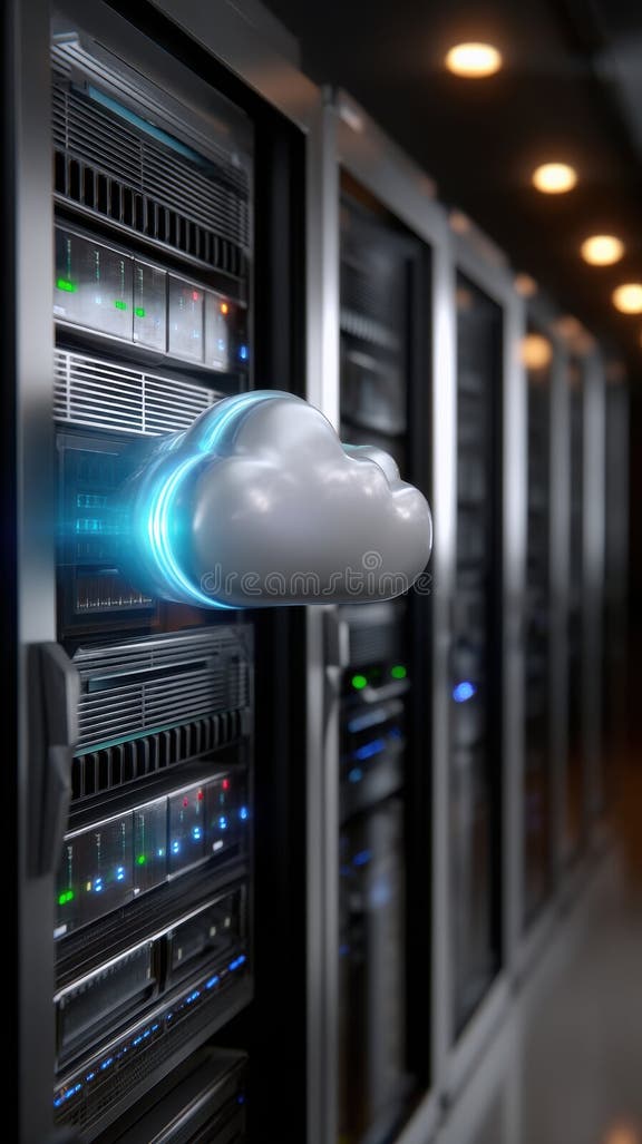 Futuristic Data Center Servers with Glowing Cloud Symbol Showcasing Digital Technology and ...