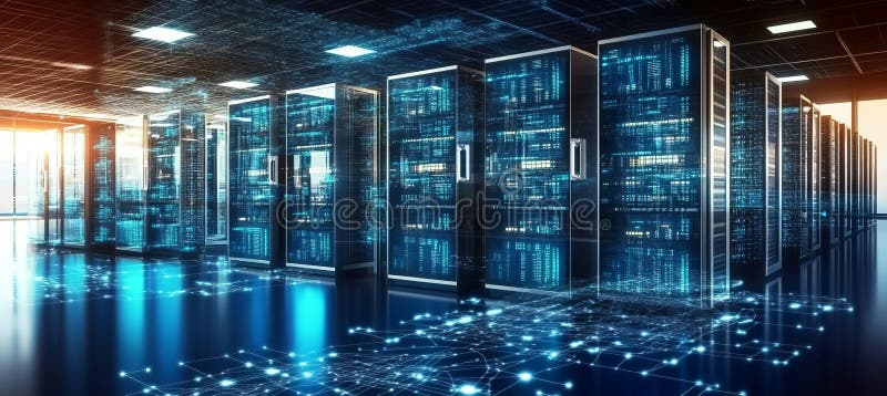 Futuristic Data Center with Servers, Network Connections, and ...
