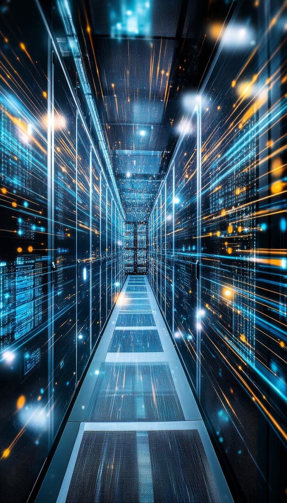 Futuristic Data Center Showcasing Digital Information Flow, Technology ...