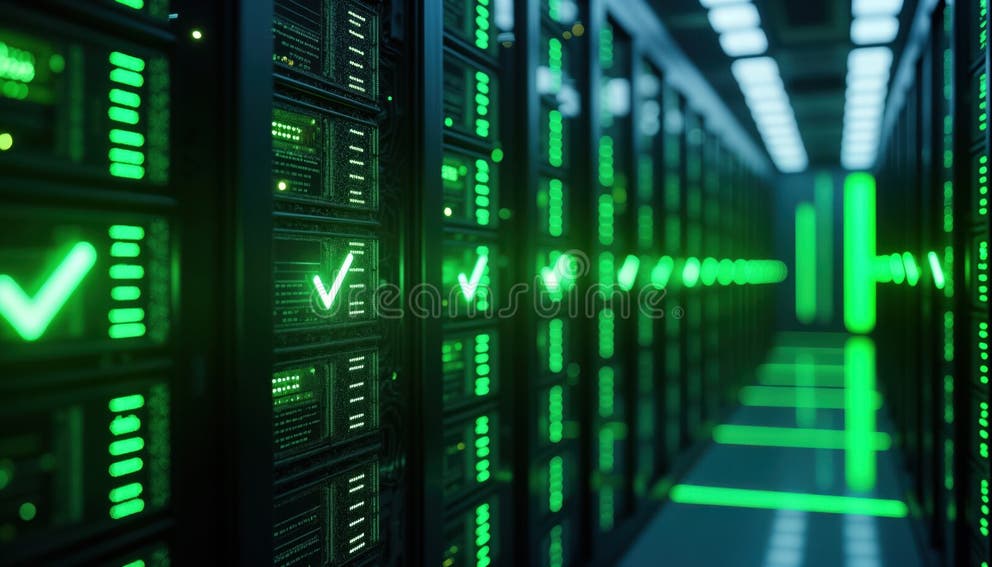 Futuristic Data Center Shows Tech Servers with Green Checkmarks ...